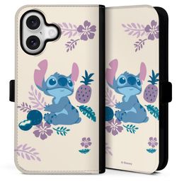 DeinDesign iPhone 16 Handy Klapph&uuml;lle Handyh&uuml;lle aus Kunst Leder schwarz Flip Case Flowers Lilo & Stitch Official Licensed Product Sideflip mit Lasche