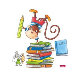 Wandtattoo Kinderzimmer Lesespa&szlig; mit Affe und Maus Kinder Wandsticker Baby, Junge & M&auml;dchen Wandaufkleber in S-XXL Schulanfang Steinbeck