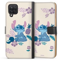 DeinDesign Galaxy A12 Handy Klapph&uuml;lle Handyh&uuml;lle aus Kunst Leder schwarz Flip Case Flowers Lilo & Stitch Official Licensed Product Sideflip mit langer Lasche