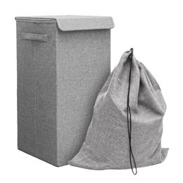DuneDesign 50L W&auml;schekorb mit Deckel und W&auml;schesack - 30x30x60 W&auml;schesammler Grau - Faltbar
