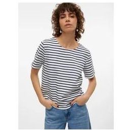 V&eacute;ro Moda Rundhalsshirt VERO MODA "VMABBY SS ZIP TOP JRS NOOS", Damen, Gr. XS, blau (snow wei&szlig; stripes:navy blazer), Jersey, Obermaterial: 77% Polyester, 19% Viskose, 4% Elasthan, gestreift, normal, Rundhals, Shirts Rundhalsshirt, Materialmix, regular fit
