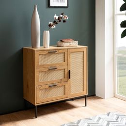 FineBuy Kommode in Eiche Dekor 80 cm Sideboard mit 3 Schubladen & 1 T&uuml;r aus Wiener Rattan Geflecht Design Highboard - Schubladenkommode