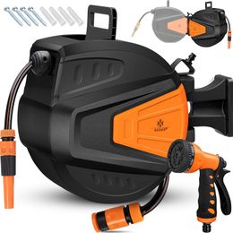 Kesser&reg; Schlauchtrommel Wasser Schlauchaufroller Inkl. 2-Wege-Verteiler + Multi-Handbrause Wasserschlauchtrommel Automatik 180&deg; Schwenkbar Wandhalterung Gartenschlauch Orange