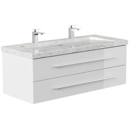 Posseik Badm&ouml;bel Marmor Carrara White YAMO 130 cm 2 Hahnl&ouml;cher SoftClose wei&szlig; hochglanz