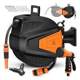 Kesser&reg; Schlauchtrommel Wasser Schlauchaufroller Inkl. 2-Wege-Verteiler + Multi-Handbrause Wasserschlauchtrommel Automatik 180&deg; Schwenkbar Wandhalterung Gartenschlauch Orange