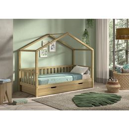 Vipack Dallas 1 Hausbett mit seitlicher Umrandung 90 x 200 cm Liegefl&auml;che und Bettschublade, Eiche Natur