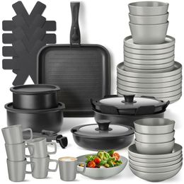 TecTake&reg; K&uuml;chenstarterset, Geschirrset aus Steingut, mit Glasur, hitzebest&auml;ndig und kratzfest, inklusive Topfschonern und anklemmbaren Griffen