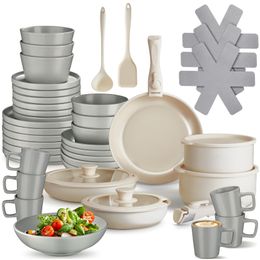 TecTake&reg; K&uuml;chenstarterset, Geschirrset aus Steingut, mit Glasur, hitzebest&auml;ndig und kratzfest, inklusive K&uuml;chenwerkzeugen, Topfschonern und anklemmbaren Griffen
