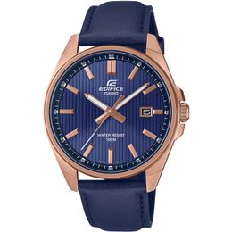 Quarzuhr CASIO EDIFICE, blau (dunkelblau, bronze), Armbanduhren, Damen, Quarzuhr, Armbanduhr, Herrenuhr, analog, Datum, Lederarmband