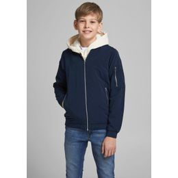 Jack & Jones Bomberjacke JACK & JONES JUNIOR "JJERUSH windabweisend und pflegeleicht", Jungen, Gr. 152/158, blau (navy blazer), Web, Obermaterial: 100% Polyester. Futter: 100% Polyester, unifarben, normal, B&uuml;ndchen, Jacken Bomberjacke, unifarben, modisch, regular fit, Web, Stehkragen