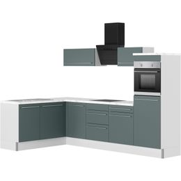 K&uuml;che KOCHSTATION "KS-Bern2", gr&uuml;n (k&uuml;che: gr&uuml;n, front: steingr&uuml;n, korpus: hellgrau, arbeitsplatte: marmor wei&szlig;), H:192cm T:60cm, Komplettk&uuml;chen-Sets, Stellma&szlig;e 295 x 175 cm, wahlweise mit E-Ger&auml;ten