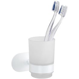 Zahnputzbecher Wenko "Turbo-Loc Modell Uno Orea", wei&szlig;, B:10cm H:9,5cm L:10cm, Edelstahl, Glas, Zahnputzbecher, mit Wandhalterung ohne Bohren, Edelstahl, satiniertes Glas