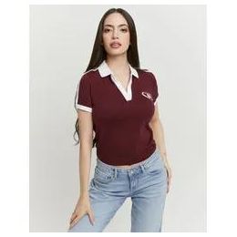 Poloshirt Tally Weijl "STSCOMITSKI", Damen, Gr. M, windsor wine, Jersey, Obermaterial: 97% Baumwolle, 3% Elasthan, bedruckt, figurbetont taillenlang, V-Ausschnitt, Shirts, Baumwollmischung, Poloshirt, verk&uuml;rzt geschnitten