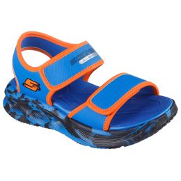 Sandale Skechers "SOLA GLOW SANDAL", Jungen, Gr. 27, blau (blau, orange), Lederimitat, kontrastfarbene Details, Schuhe Sandale, Sandale mit Klettverschluss+Blinkfunk., Gr&ouml;&szlig;enschablone zum Download