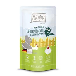 MjAMjAM Katzenfutter 'Chicks & Friends Quetschie' H&uuml;hnchen an ged&auml;mpftem Spinat 125 g