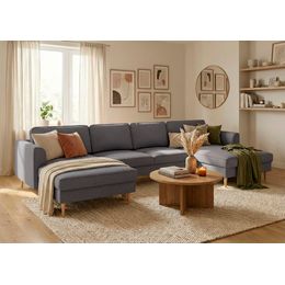 Wohnlandschaft Home Affaire, B:305cm H:83cm T:161cm, grau, 100% Polyester, Sofas, "Booster, whlw. mit Schlaffunktion & Bettkasten, Fu&szlig; Buche