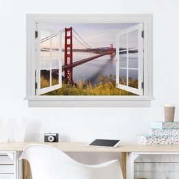 Bilderwelten Wandtattoo Stadt modern 3D-Effekt Wandaufkleber - Offenes Fenster Golden Gate Bridge in San Francisco - Skylines Wohnzimmer Schlafzimmer