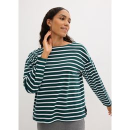 bonprix Damen Langarmshirt, gr&uuml;n, Gr. 56, gestreift, Web, Obermaterial: 100% Baumwolle, Shirts, Oversize Passform, weiter Ausschnitt, gestreifte Optik