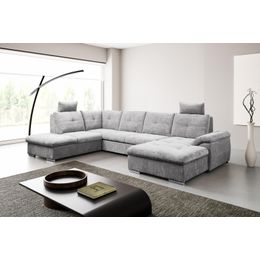 Wohnlandschaft WERK2 "Arena, B/T: 339/220 cm breit, moderner, einladender Sitzkomfort", grau, B:339cm H:102cm T:220cm, 100% Polyester, Sofas, Wohnlandschaft, 2x Kopfst&uuml;tzen, Schlaffunktion und Bettkasten, U-Form