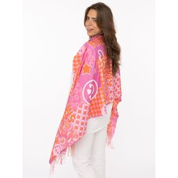 Zwillingsherz Damen Schal ""Printclash Smile""neonorange, Web, Obermaterial: 100% Polyester, Modet&uuml;cher, mit Fransen, Mustermix und Schriftzug
