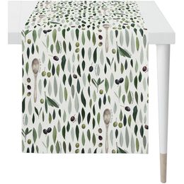 Tischdecke Apelt, B:48cm L:140cmgr&uuml;n, natur, Obermaterial: 75% Baumwolle, 25% Polyester, Tischdecken, "7007", Olivendesign als all-over