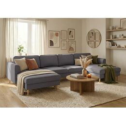 Wohnlandschaft Home Affaire, B:305cm H:83cm T:161cm, grau, 100% Polyester, Sofas, "Booster, whlw. mit Schlaffunktion & Bettkasten, Fu&szlig; Buche