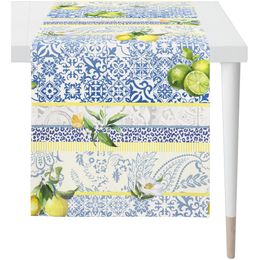 Tischdecke Apelt "7005", bunt (blau, gelb, natur), B:48cm L:140cm, Obermaterial: 75% Baumwolle, 25% Polyester, Tischdecken, Tischdecke, Paisley-Motive und Kachelmotive mit Citrusfr&uuml;chten