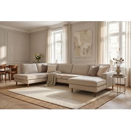 Wohnlandschaft Home Affaire "Pinto Skandi, 350 cm, U-Form, XXL, mit Ottomanen", creme, B:349cm H:89cm T:206cm, 100% Polyester, Sofas, Wohnlandschaft, mit Keder, Massivholzf&uuml;&szlig;e Eiche ger&auml;uchert, Wellenunterfederung
