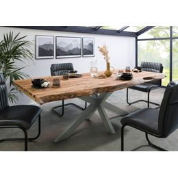 Baumtisch Sheesham 200x100x77 natur sandgestrahlt / Kreuzgestell silber matt FREEFORM 5