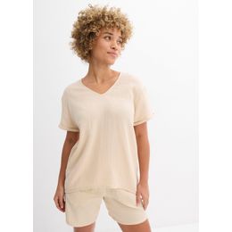 bonprix Shirt-Tunika aus softem Musselin, beige, Gr.46, Shirt-Tunika mit &uuml;berschnittener Schulter, umgeklapptem &Auml;rmelbund und verl&auml;ngertem hinterem Saum, aus 100% Baumwolle,Musselin