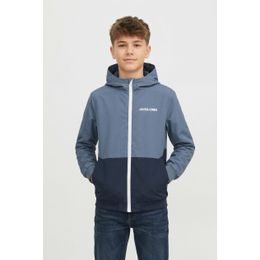 Jack & Jones Outdoorjacke JACK & JONES JUNIOR "JJERUSH wasserabweisend, mit Kapuze, mattes Finish", Jungen, Gr. 176, blau mirage detail:navy blazer, wei&szlig; blocking, Web, Obermaterial: 100% Polyester, Colorblocking, normal normal, B&uuml;ndchen, Jacken Outdoorjacke, Polyester, regular fit