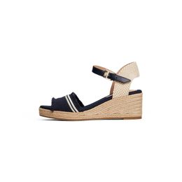Keilsandalette Tommy Hilfiger "FRINGE CANVAS MEDIUM WEDGE", Damen, Gr. 39, blau (dunkelblau, beige), Textil, Schuhe Keilsandalette, Plateau, Sommerschuh, Riemchensandale mit Streifen