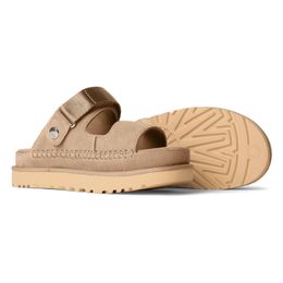 UGG Australia Plateausandale UGG "GOLDENSTAR GLIDE", Damen, Gr. 12 (43), beige (sand), Textil, Veloursleder, unifarben, Schuhe Plateausandale, Clog, Mule, Sommerschuh mit weichem Fu&szlig;bett