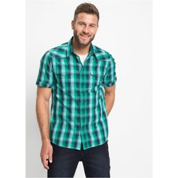 Kurzarmhemd bonprix, Herren, Gr. 41/42 (L), N-Gr, dunkelblau, meeresgr&uuml;n kariert, Web, Obermaterial: 100% Baumwolle, regular fit, Hemden Kurzarmhemd, regular fit Passform, aus reiner Baumwolle, mit kurzen &Auml;rmeln