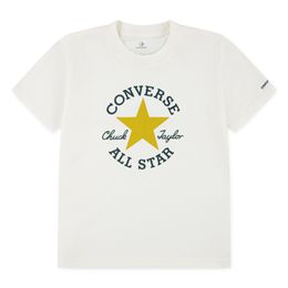 T-Shirt Converse "CNVB DISSECTED CHUCK PATCH SS", Jungen, Gr. 128, egret, sunny angle, Single Jersey, Obermaterial: 60% Baumwolle, 40% Polyester, Basic, Rundhals, Shirts T-Shirt, f&uuml;r Kinder