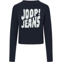 JOOP! Rundhalspullover JOOP JEANS "Kali", Damen, Gr. L, blau (dunkelblau), Strick, Obermaterial: 60% Baumwolle, 40% Nylon, unifarben mit Farbeinsatz, Rundhals, Puff&auml;rmel Rippstrickb&uuml;ndchen, Pullover Rundhalspullover, mit Logoschriftzug