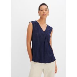 Blusentop bonprix, Damen, Gr. 40/42 (M), dunkelblau, Web, Obermaterial: 95% Polyester, 5% Elasthan, unifarben, bequem, V-Ausschnitt, Blusen Blusentop, bequeme Passform, ohne &Auml;rmel, mit Lochstickerei