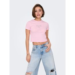 Kurzarmshirt Only "ONLKIRA S/S BLING O-NECK SHORT TOP JRS", Damen, Gr. M, roseate spoonbill detail:bow, Jersey, Obermaterial: 100% Baumwolle, bedruckt, regular fit, Rundhals, Shirts Kurzarmshirt
