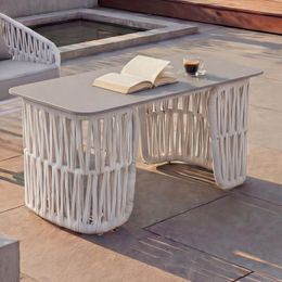 Loungetisch MCW-P90, Gartentisch Balkontisch Outdoor, Seilgeflecht Rope Sinterstein 43x90x45cm ~ hellgrau, Platte grau