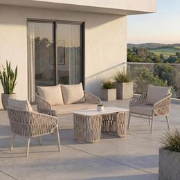 Gartengarnitur MCW-P90, Lounge-Set Gartenlounge Sofa Sessel Tisch, Seilgeflecht Rope Stoff/Textil (180g/m&sup2;) ~ creme