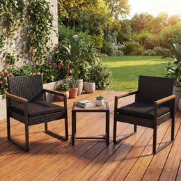 Poly-Rattan Garnitur MCW-P74, Lounge-Set Garten 2x Stuhl Tisch, Akazie Holz Stoff 180g/m&sup2; ~ schwarz, Polster schwarz
