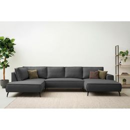 Home Affaire Wohnlandschaft &raquo;Tvinnu, moderne U-Form, Couch in Cord oder Webstoff in Leinenoptik&laquo; Recamiere rechts/links, schwarze Metallf&uuml;&szlig;e, bequeme 