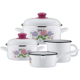 GSW Topf-Set &raquo;Hortensie&laquo; Set, je 1x Kochtopf &Oslash; 16/20 cm, Stielkasserolle &Oslash; 16 cm, Milchtopf &Oslash; 12 cm, 6 Stk. tlg. Stahl-Emaille bunt