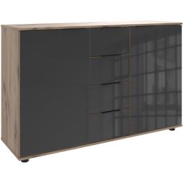 Kombikommode wimex "Leonberg, Sideboard 2trg mit 4 Schubladen", beige (viking oak nachbildung, glas grau), B:130cm H:83cm T:41cm, Holzwerkstoff, Sideboards, Kombikommode, mit Glasfront, B/T/H 130/41/83cm, schwarze Metallgriffe