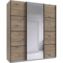 Schwebet&uuml;renschrank wimex "Jork Kleiderschrank mit Spiegel, schwarze Metallgriffe", braun (viking, oak, nachbildung, abgesetzt graphit), B:180cm H:208cm T:65cm, Holzwerkstoff, Schr&auml;nke, Schwebet&uuml;renschrank, Schrank in verschiedenen Gr&ouml;&szlig;en und Innenausstattungsvarianten