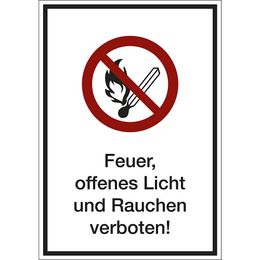 Kombizusatzschild mit Text f&uuml;r Verbotszeichen, Feuer, offenes Licht und Rauchen verboten, VE 10 Stk, Folie, LxHxT 130 x 185 x 0,1 mm kaiserkraft