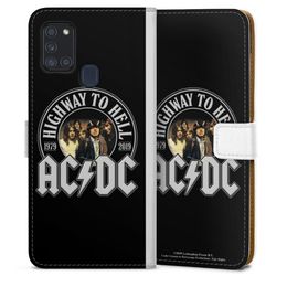 DeinDesign Galaxy A21s Handy Klapph&uuml;lle Handyh&uuml;lle aus Kunst Leder wei&szlig; Flip Case Acdc Official Licensed Product Rock Sideflip mit Lasche