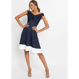 Off-Shoulder-Kleid bonprix, Damen, Gr. 40/42 (M), N-Gr, dunkelblau, wei&szlig;, Web, Obermaterial: 95% Polyester, 5% Elasthan. Einsatz: 72% Viskose, 23% Polyester, 5% Elasthan, festlich, ausgestellt, Kleider Off-Shoulder-Kleid, f&uuml;r festliche Anl&auml;sse, aus festem Scuba-Stoff, mit Carmen-Ausschnitt
