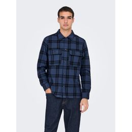 Only & Sons Langarmhemd ONLY & SONS "ONSOLIVER TWILL OVERDYE OVERSHIRT BF", Herren, Gr. L, N-Gr, blau (marineblaus checks:schwarz), Web, Obermaterial: 100% Baumwolle, kariert, loose fit, 2-Knopf-Manschette, Hemden Langarmhemd