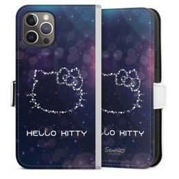 DeinDesign iPhone 12 Pro Handy Klapph&uuml;lle Handyh&uuml;lle aus Kunst Leder wei&szlig; Flip Case Merchandise Hello Kitty Weltall Sideflip mit Lasche